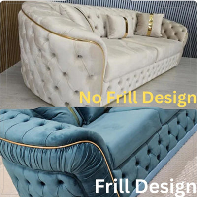 Ambassador Grey Sofa Chesterfield Toronto Gold Trim Plush Velvet - Frills