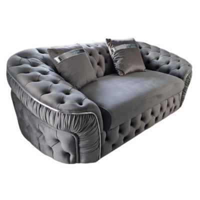 Ambassador Grey Sofa Chesterfield Toronto Gold Trim Plush Velvet No Frills
