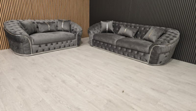 Ambassador Grey Velvet Sofa Set 3 and 2 Seater Chrome Accent Living ...