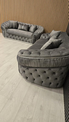 Ambassador Grey Velvet Sofa Set 3 and 2 Seater Chrome Accent Living ...