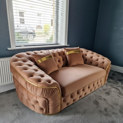 Ambassador Sofa Chesterfield Mink Toronto Gold Trim Plush Velvet No Frills