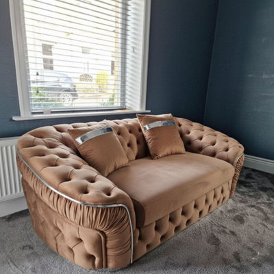 Ambassador Sofa Chesterfield Mink Toronto Silver Trim Plush Velvet