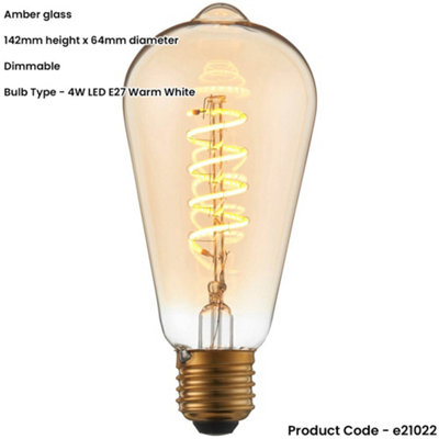 Amber Glass 4W E27 Pear Filament LED Light Bulb - Dimmable Warm White ...