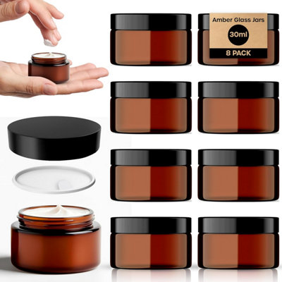 Amber Glass Jars 8 Pack (30ml) Cosmetic Containers with UV Protection ...