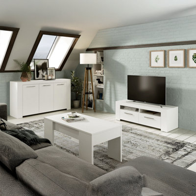 AMBIT White Dual Zone Under TV Unit - Modern Media Entertainment Cabinet - H: 43cm x W: 120cm x ...