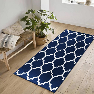 Ameha Ava Navy Moroccan Printed Rug 60x110cm, Non Slip Hypoallergenic ...
