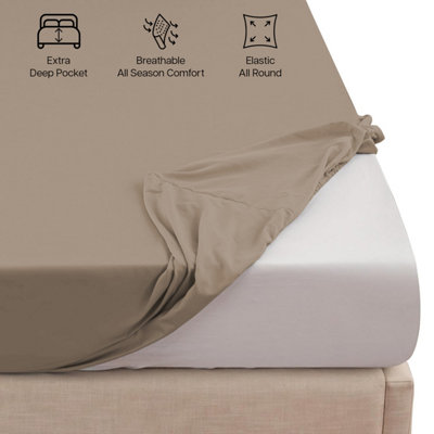 Ameha Beige Fitted Sheet 40cm Extra Deep Pocket Bed Sheets Single ...