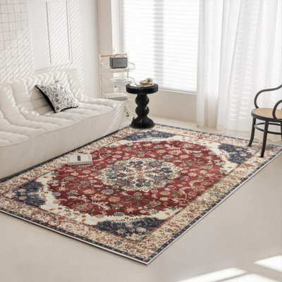 Ameha Cashmere Red Floral Rug Area Bedroom Carpet Study Room Rugs ...