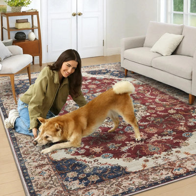 Ameha Cashmere Red Floral Rug Area Bedroom Carpet Study Room Rugs ...