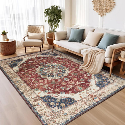 Ameha Cashmere Red Floral Rug Area Bedroom Carpet Study Room Rugs ...