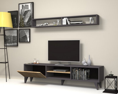 Amore TV unit and Wall Shelves - Grey/Oak up to 65 inch TV