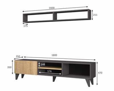 Amore TV unit and Wall Shelves - Grey/Oak up to 65 inch TV