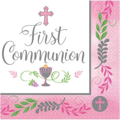 Amscan First Holy Communion Disposable Napkins (Pack of 36) White/Pink ...