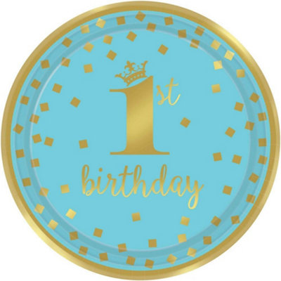 Amscan Paper 1st Birthday Dessert Plate (Pack of 8) Blue/Gold (One Size)