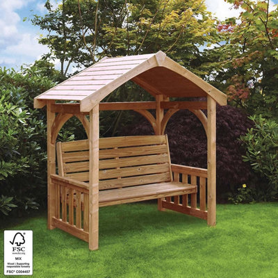Anchorfast Seated Wooden Garden Arbour with Roof - Rustic Outdoor Bench ...