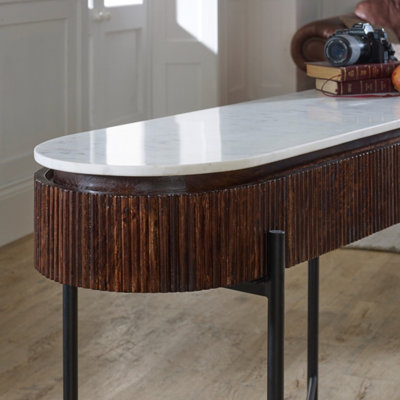 Ancient Mango Wood Console Table With Marble Top And Metal Legs