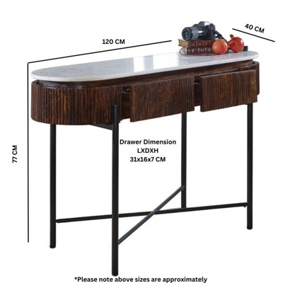 Ancient Mango Wood Console Table With Marble Top And Metal Legs