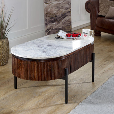 Ancient Mango Wood Rectangular Fluted Coffee Table With Marble Top ...