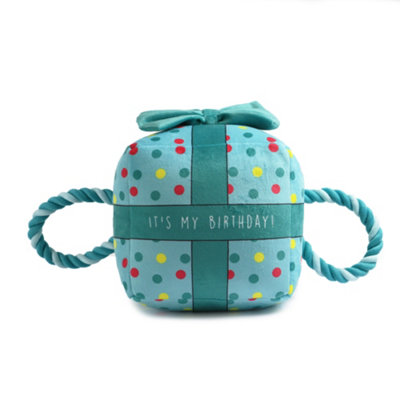 Ancol Its My Birthday Present Blue Dog Tugging Rope Toy Squeaky Pet ...