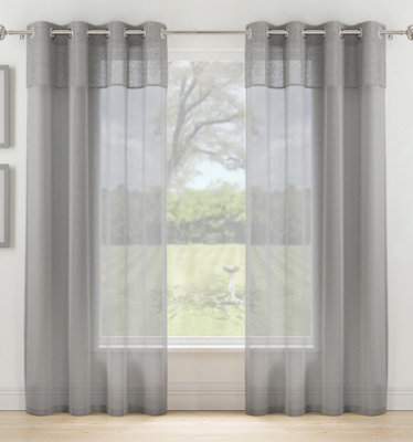 Andorra Grey Textured Header Sheer Voile Panels - Pair 140 x 183cm (55x72")
