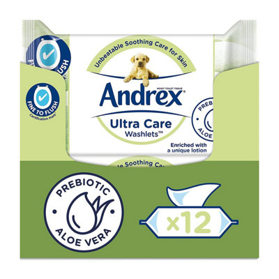Andrex Washlets Ultra Care Biodegradable & Flushable Toilet Wipes, 12 Pack