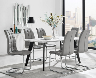 ANDRIA White Marble Effect & Black Leg Dining Table & 6 Elephant Grey ...