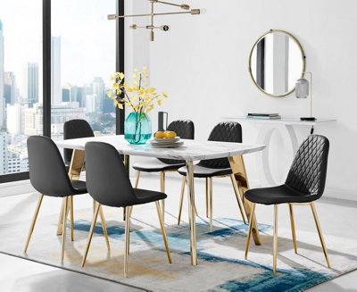 ANDRIA White Marble Effect & Gold Leg Dining Table & 6 Black Corona Gold Leg Faux Leather Chairs