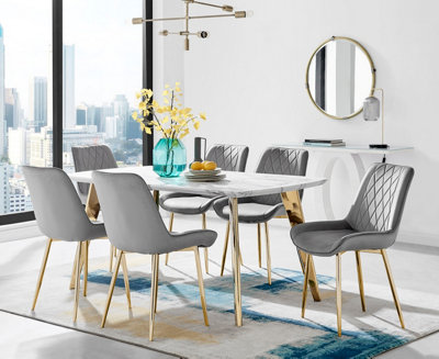 ANDRIA White Marble Effect & Gold Leg Dining Table & 6 Grey Pesaro Gold ...