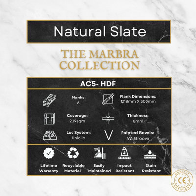 Anglo Flooring Marbra Natural Slate, Gloss Slate Tile Effect, Laminate ...