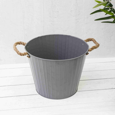 Annibells Grey Gloss Ribbed Metal Bucket Planters (4384) - Large