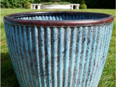 Annibells Large Blue Ribbed Galvanised Metal Garden Pots (6953) - Large