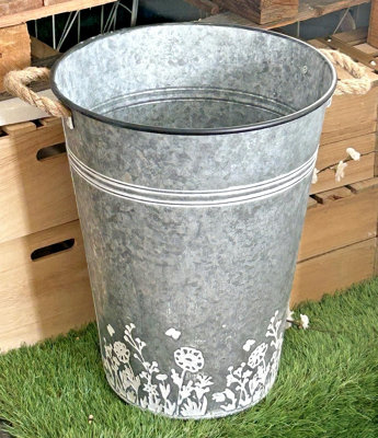 Annibells Large Grey Flower Pot Zinc Garden Planter Rope Handles