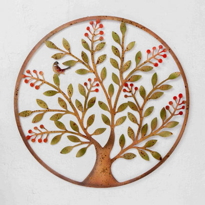 Annibells Large Rustic Berry Tree Metal Round Wall Art Garden Sculpture ...