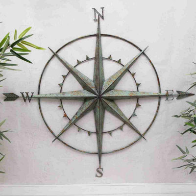 Annibells Rustic Compass Green Vintage Metal Wall Art Garden Plaque ...
