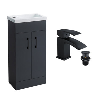 Anthracite Grey 400 Vanity Basin Sink Unit & Black Waterfall Basin Tap ...