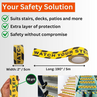 Anti Slip Tape Watch Your Step 80 Grit 5m x 5cm for Outdoor Steps Ramps ...