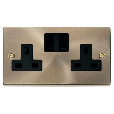 Antique Brass 2 Gang 13A Twin Double Switched Plug Socket - Black Trim ...