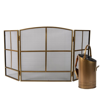 Antique Brass Window Panel Fireplace Guard Fire Screen Guard with Coal ...