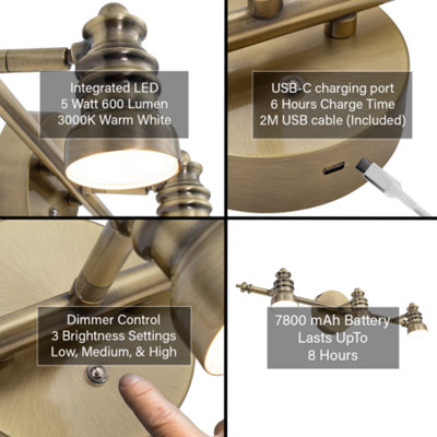 Antique Brass Wireless Rechargeable LED Touch Dimmer Triple Spot Wall Light