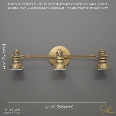 Antique Brass Wireless Rechargeable LED Touch Dimmer Triple Spot Wall Light