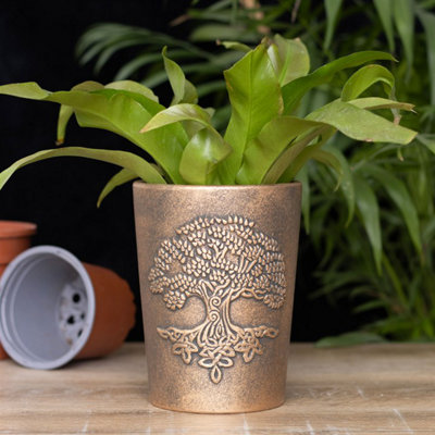 Antique Bronze Effect Terracotta Plant Pot - Tree of Life
