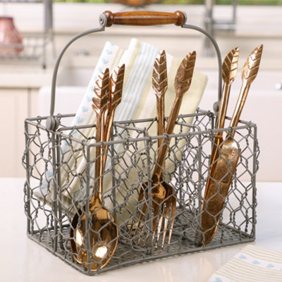 Antique Brown Farmhouse Chicken Wire Kitchen Storage Cutlery Caddy Gift ...