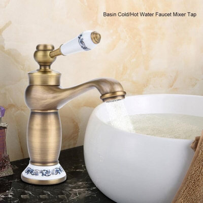 Antique ceramic brass bathroom sink faucet blue and white porcelain ...
