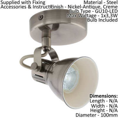 Antique Nickel Wall Spot Light with Creme Shade and GU10 Bulb