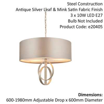 Antique Silver Ceiling Pendant Light & Mink Satin Shade - 3 Bulb ...