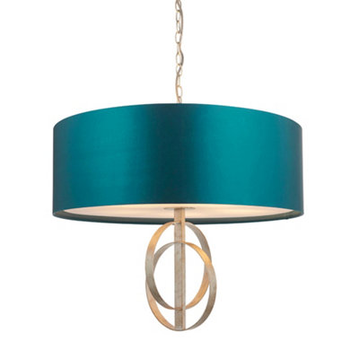 Antique Silver Ceiling Pendant Light & Teal Satin Shade - 5 Bulb ...