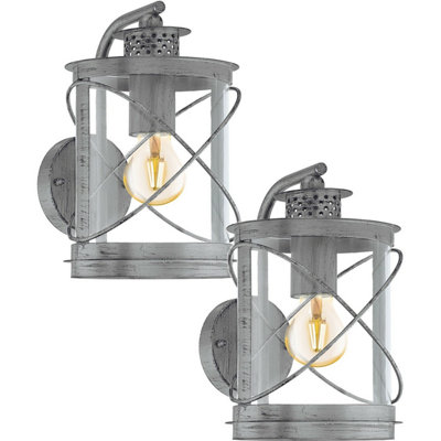 Antique Silver & Glass Outdoor Wall Lanterns - 2 Pack IP44 Rated 60W E27