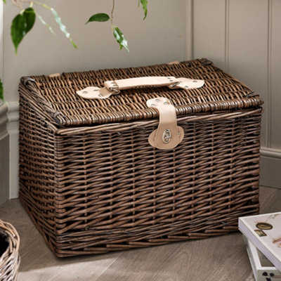 Antique Wash Wicker Chest Indoor Storage Basket Hamper