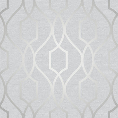 Apex Geometric Trellis Wallpaper Stone and Silver Fine Decor FD41995