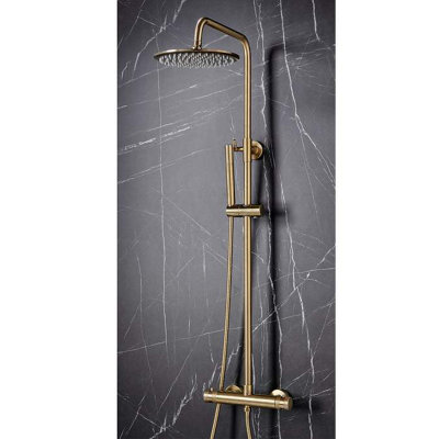 Apres Brushed Brass Twin Head Rigid Riser Shower Kit Thermostatic